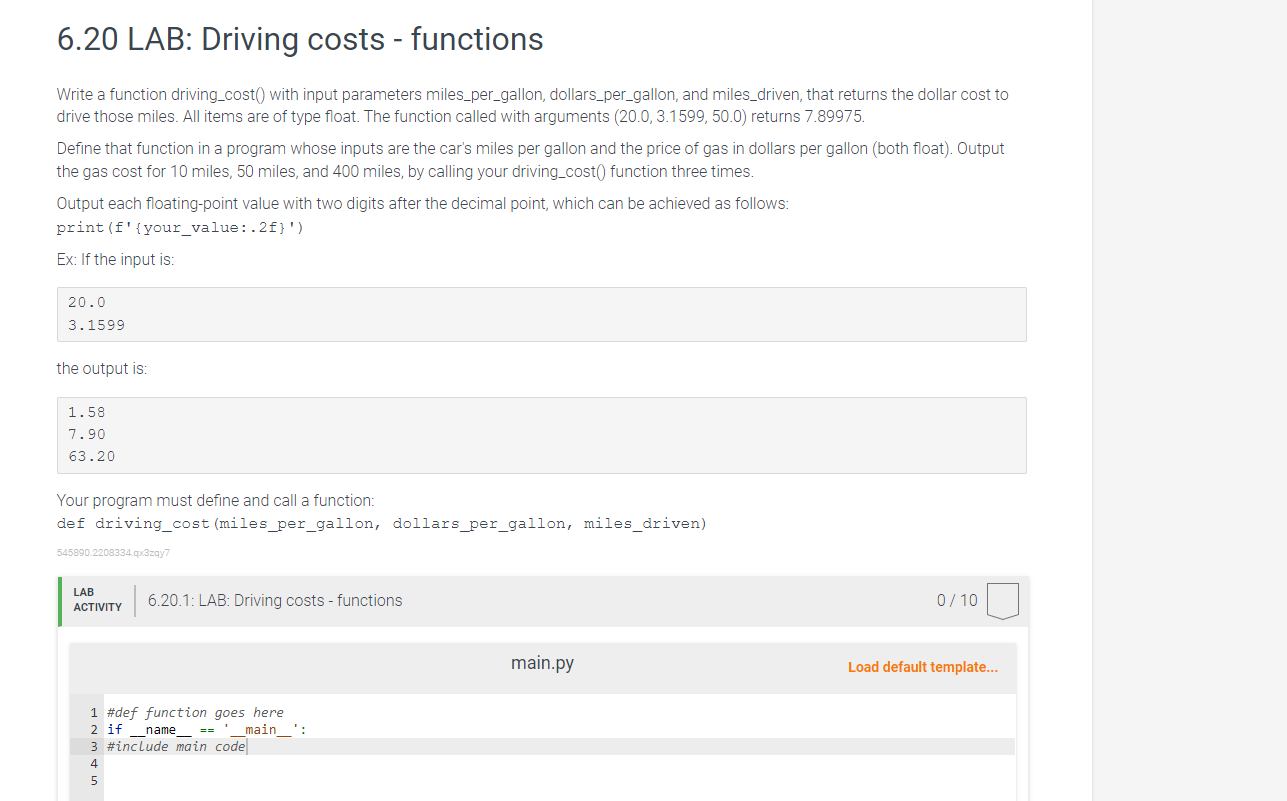 Solved 6 20 lab Driving Costs functionswrite A Function