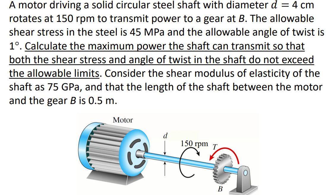 Solved A motor driving a solid circular steel shaft with | Chegg.com