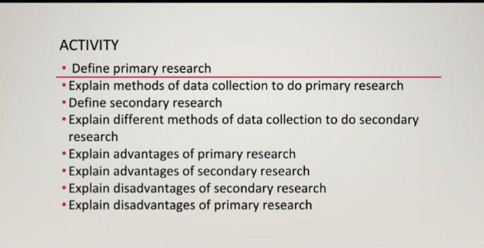 Solved ACTIVITY - Define primary research - Explain methods | Chegg.com