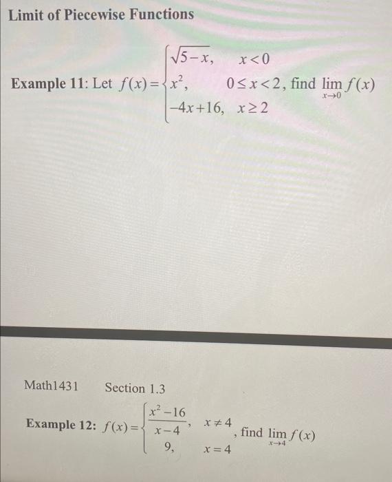 Solved Limit of Piecewise Functions Example 11: Let | Chegg.com