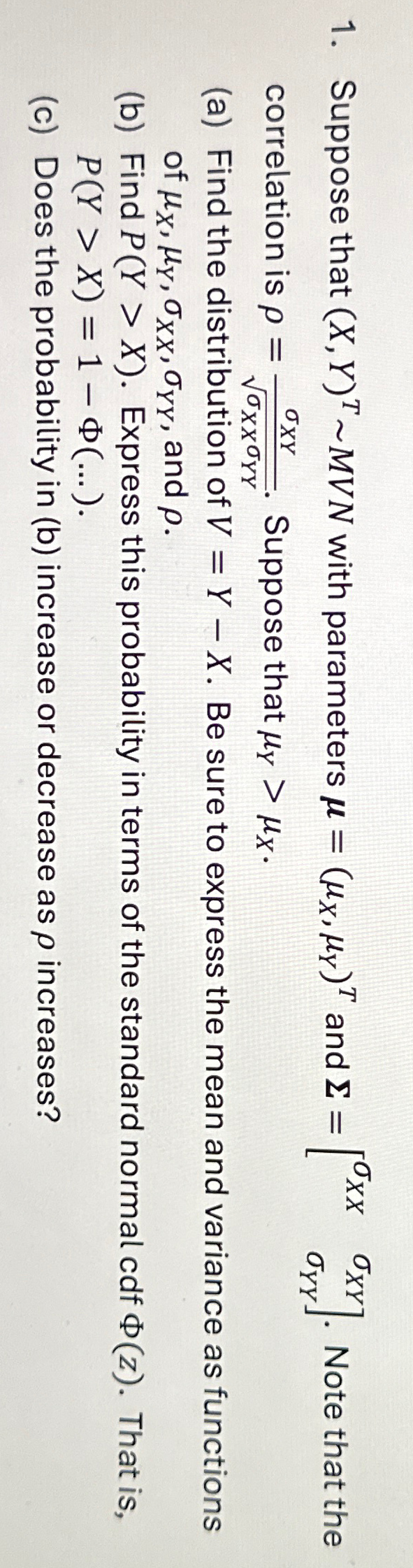 Solved Suppose that (x,Y)T∼MVN ﻿with parameters μ=(μx,μY)T | Chegg.com