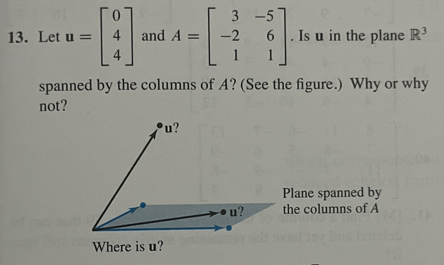 Solved Let u=[044] ﻿and A=[3-5-2611]. ﻿Is u ﻿in the plane R3 | Chegg.com