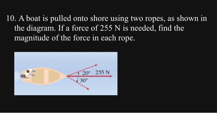 Solved 10. A boat is pulled onto shore using two ropes, as | Chegg.com