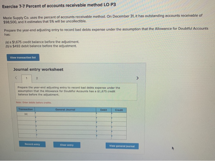 Solved Exercise 7-7 Percent of accounts receivable method LO | Chegg.com