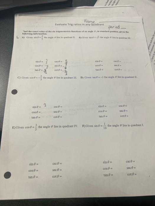Solved following informatiun. (. A) Given sine =53 the angle | Chegg.com