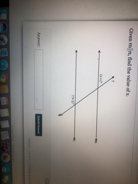 Solved Given m||n, find the value of x. (x+1) (7X-5) Answer: | Chegg.com