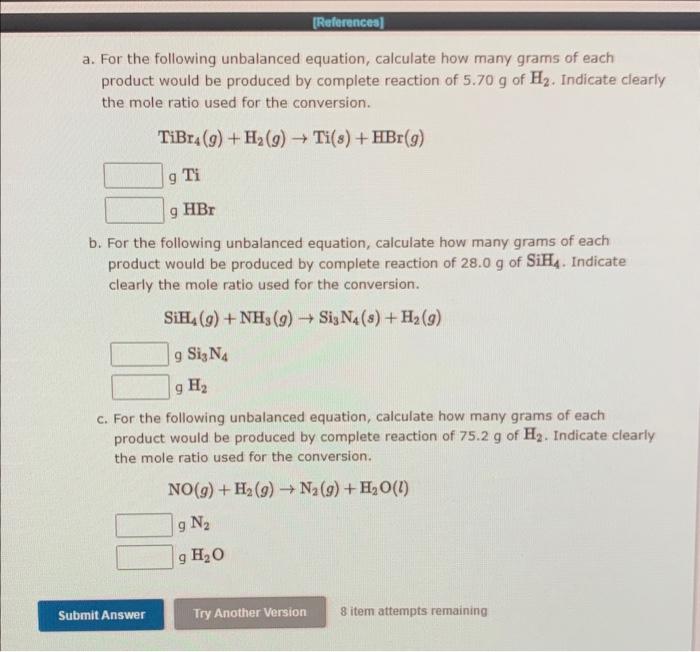 Solved a. For the following unbalanced equation, calculate | Chegg.com