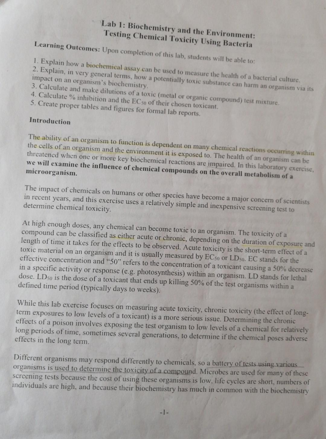 Lab 1: Biochemistry and the Environment: Testing | Chegg.com