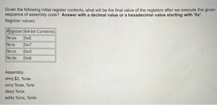 Solved Given the following initial register contents, what | Chegg.com