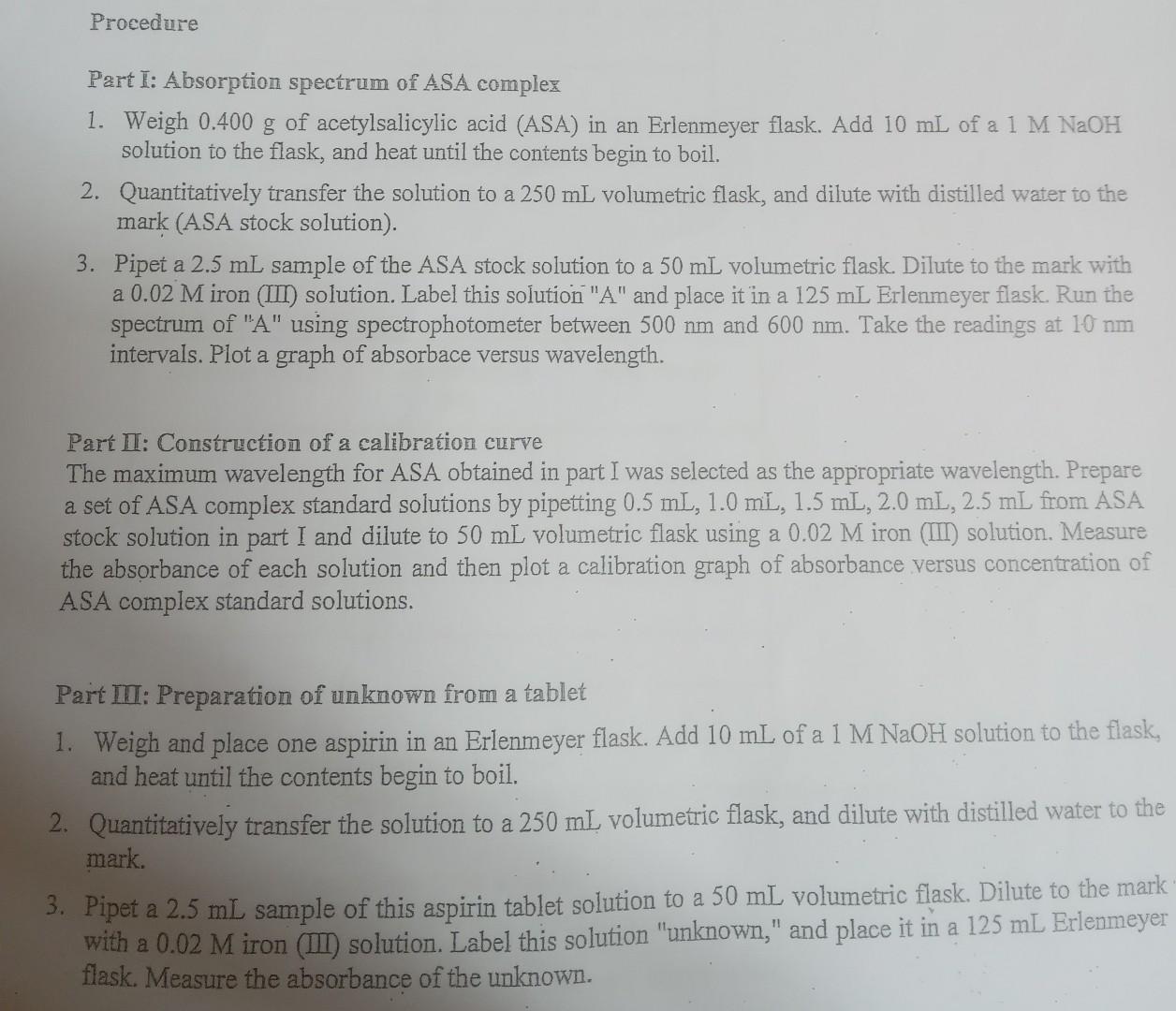 Solved Part I: Absorption spectrum of ASA complex 1. Weigh | Chegg.com
