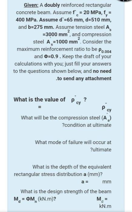 Solved Given: A doubly reinforced rectangular concrete beam. | Chegg.com