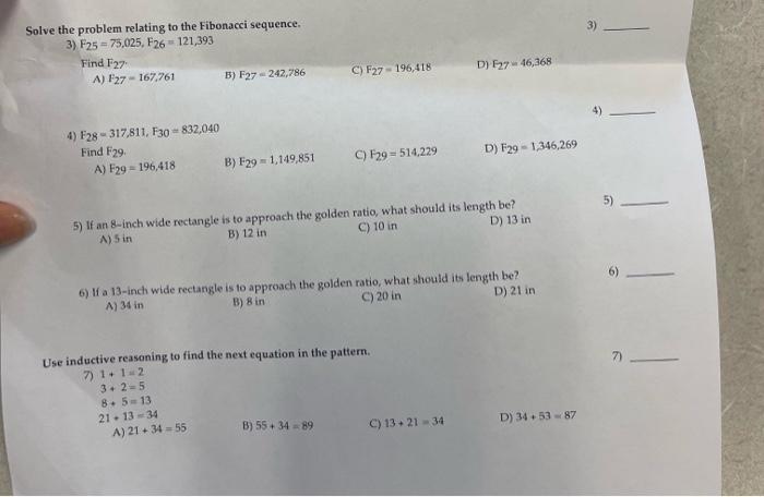 Solved Solve the problem relating to the Fibonacci sequence. | Chegg.com