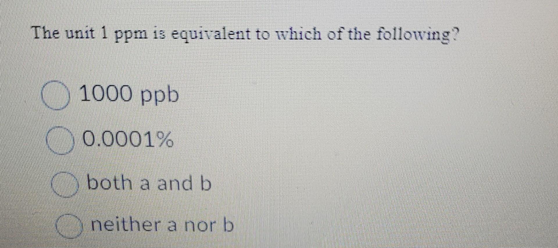 Solved The unit 1ppm is equivalent to which of the | Chegg.com