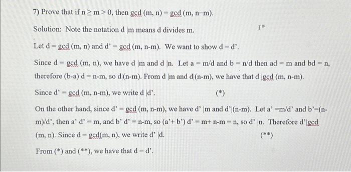 7) Prove that if n≥m>0, then gcd(m,n)=gcd(m,n−m). | Chegg.com