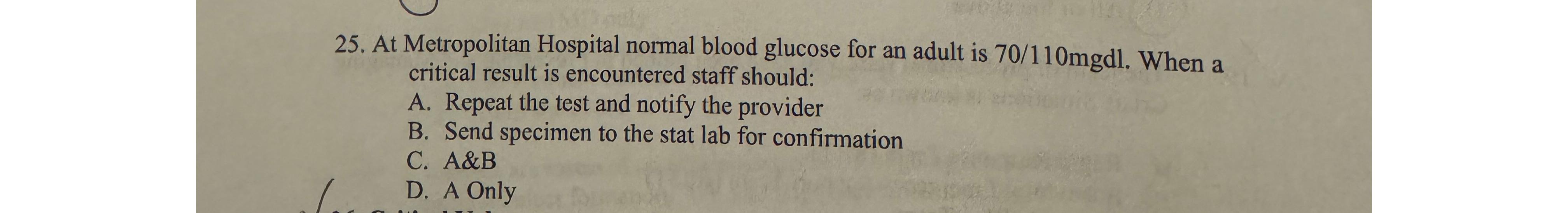 Solved At Metropolitan Hospital normal blood glucose for an | Chegg.com