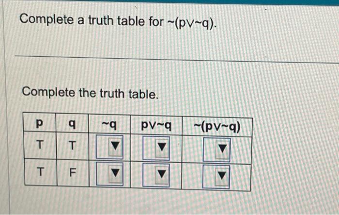 Solved Complete a truth table for ∼(p∨∼q). Complete the | Chegg.com