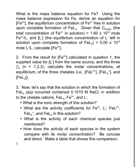 What is the mass balance equation for Fe? Using the | Chegg.com