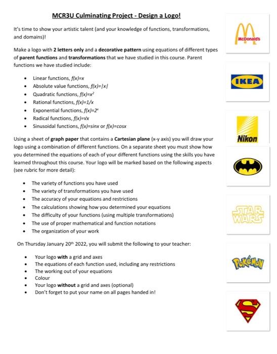 Solved McDonalds IKEA Nikon MCR3U Culminating Project - | Chegg.com