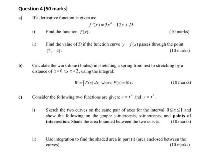 Solved F′ X 3x2−12x D I Find The Function F X 10 Marks