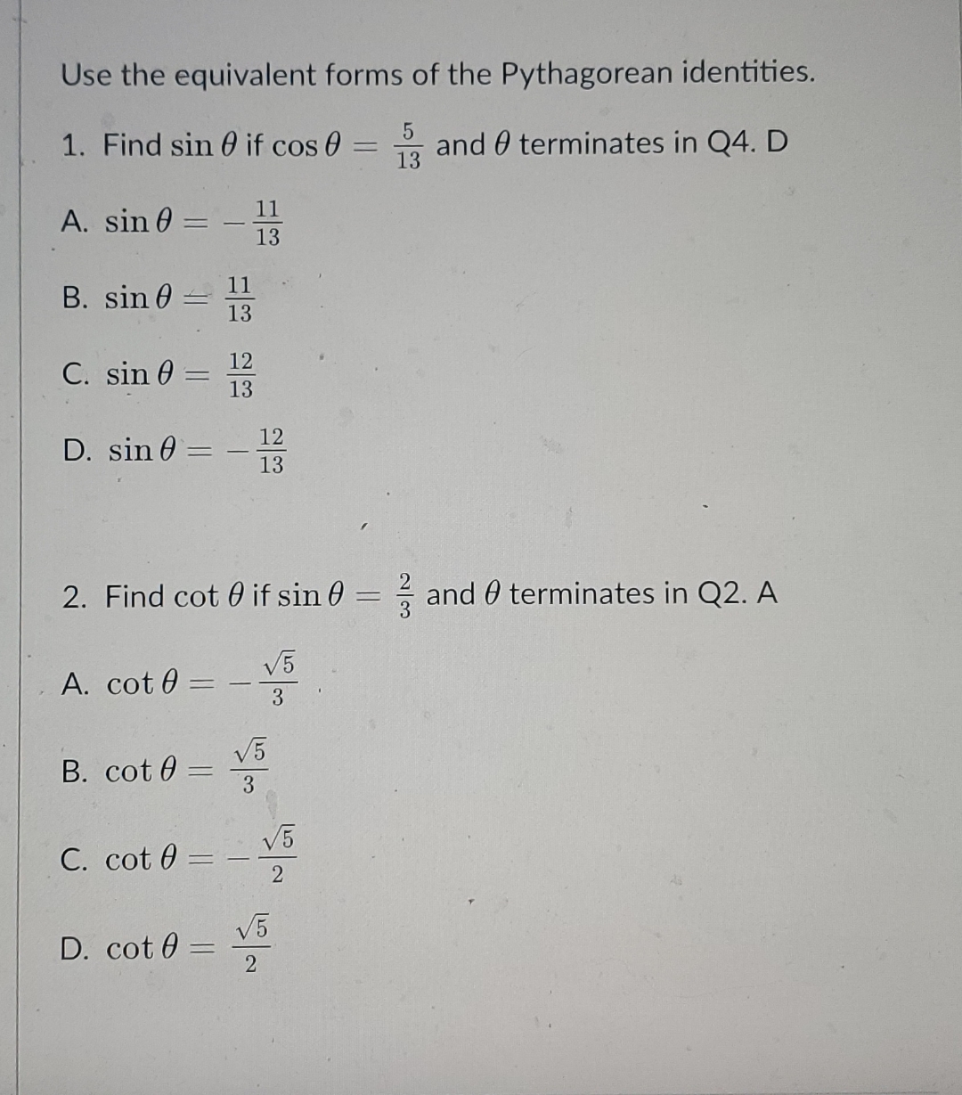 Solved Use the equivalent forms of the Pythagorean | Chegg.com