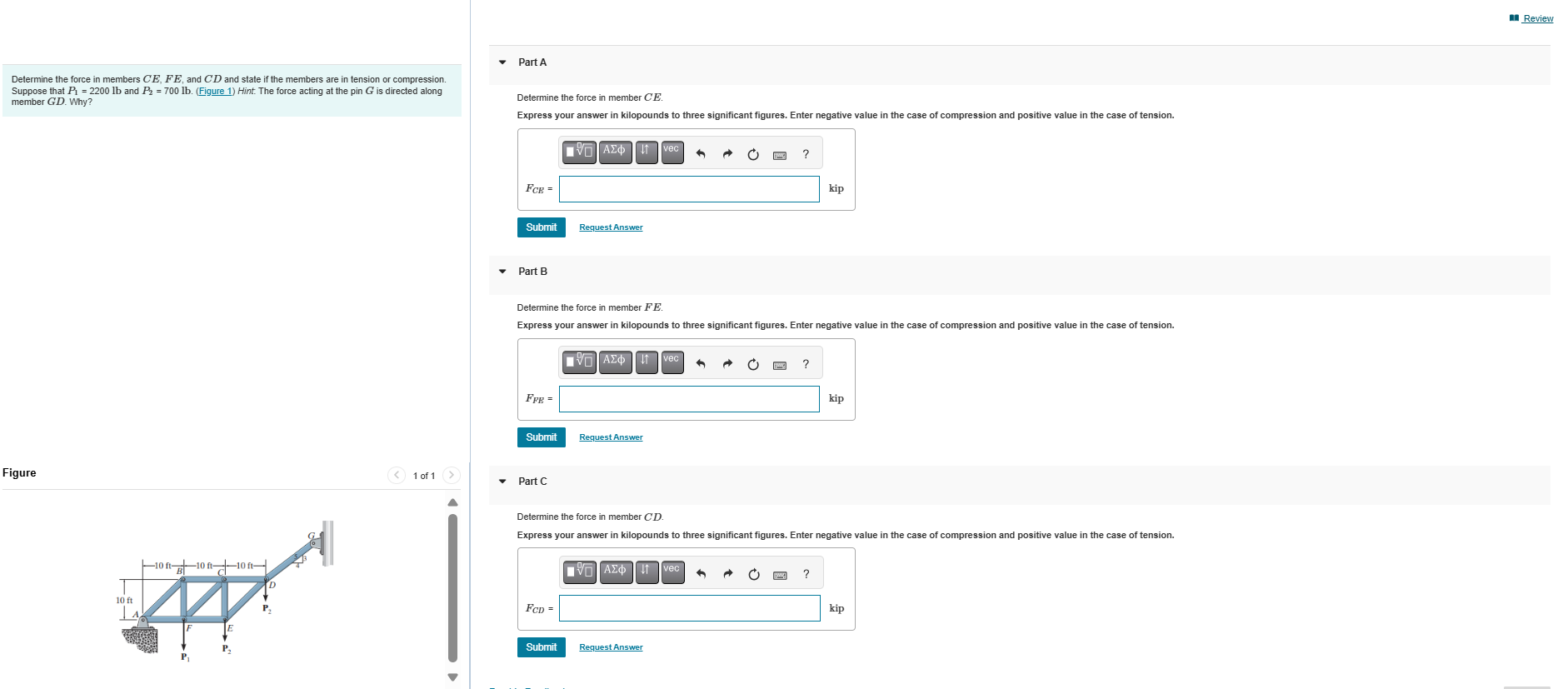 Solved Determine the force in members \( ﻿C E, ﻿F E \), ﻿and | Chegg.com