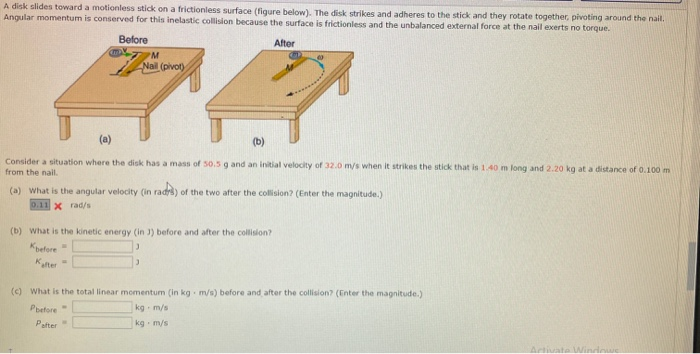 Solved A disk slides toward a motionless stick on a | Chegg.com