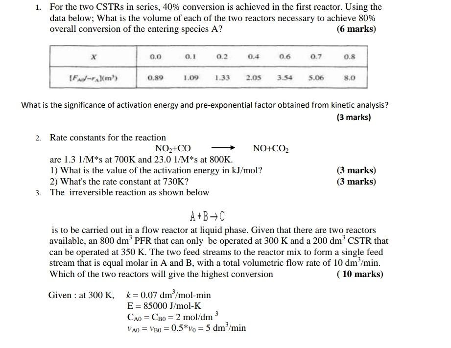 Solved 1 For The Two Cstrs In Series 40 Conversion Is