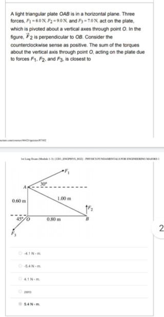 Solved A light triangular plate OAB is in a horizontal | Chegg.com