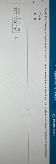 Solved Points: 0 ﻿of 1Divide the following complex numbers | Chegg.com