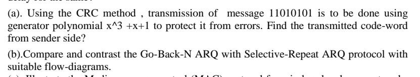 Solved (a). Using the CRC method , transmission of message | Chegg.com