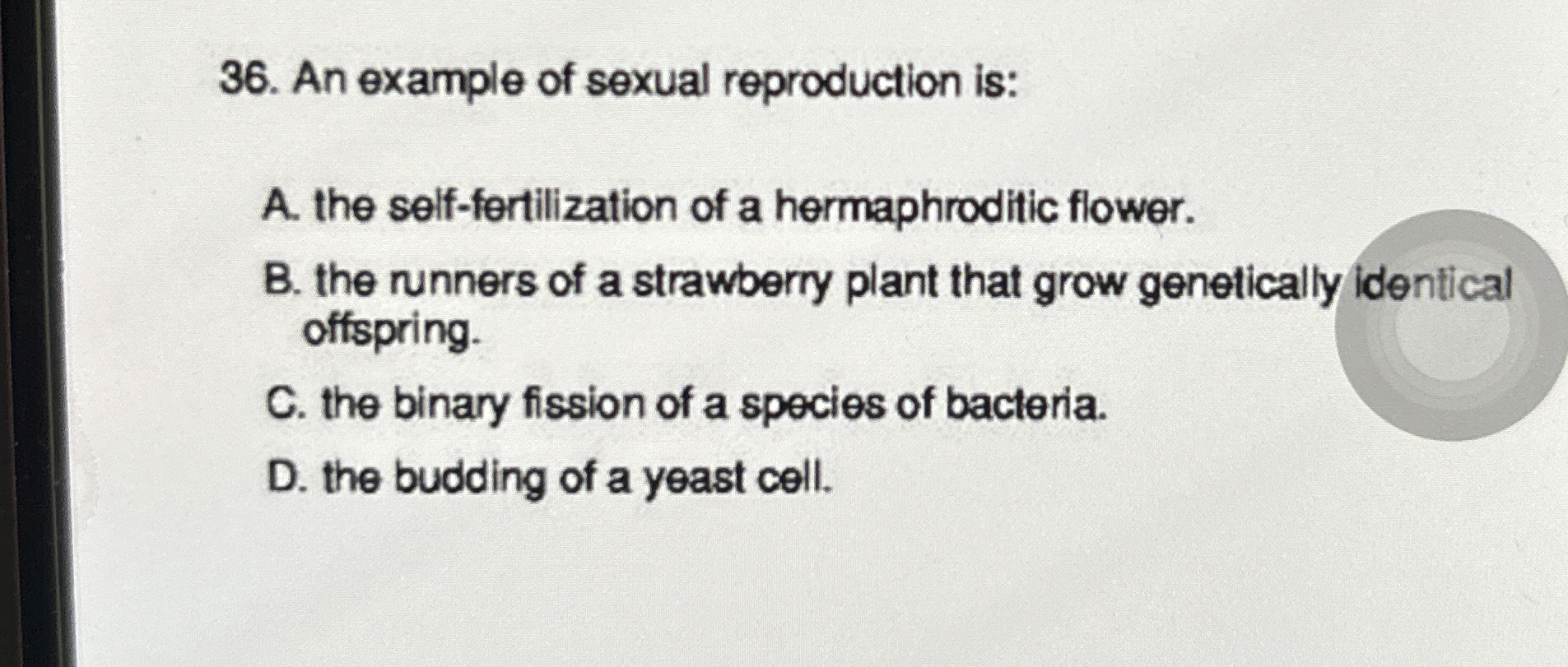 Solved An example of sexual reproduction is:A. ﻿the | Chegg.com
