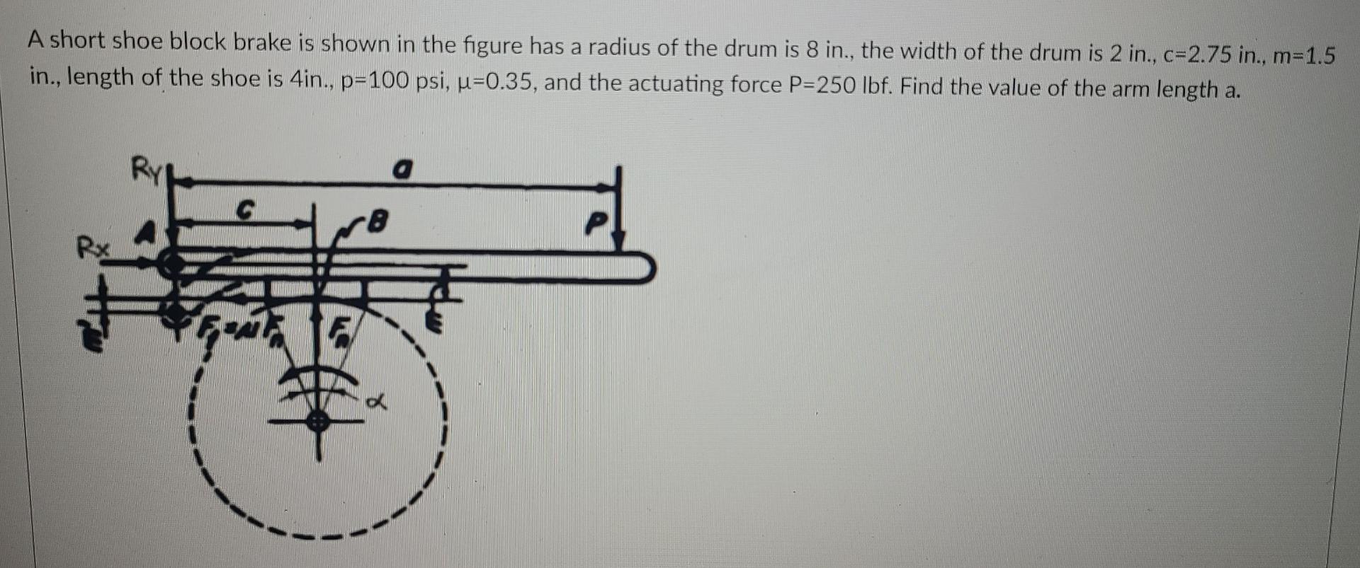 Solved A short shoe block brake is shown in the figure has a | Chegg.com
