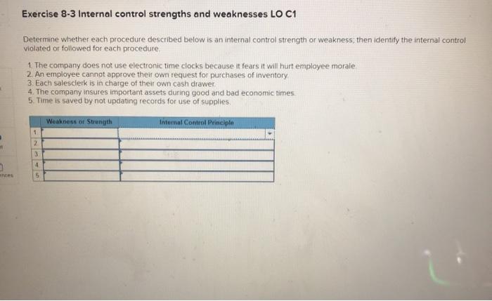 Solved Exercise 8-3 Internal control strengths and | Chegg.com