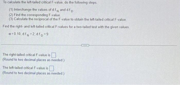 [Solved]: To calculate the left-tailed critical F-value, do
