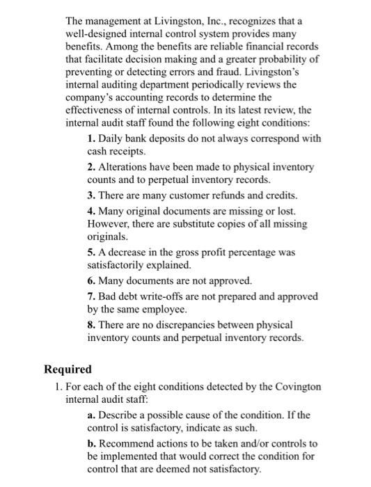 Solved The management at Livingston, Inc., recognizes that a | Chegg.com