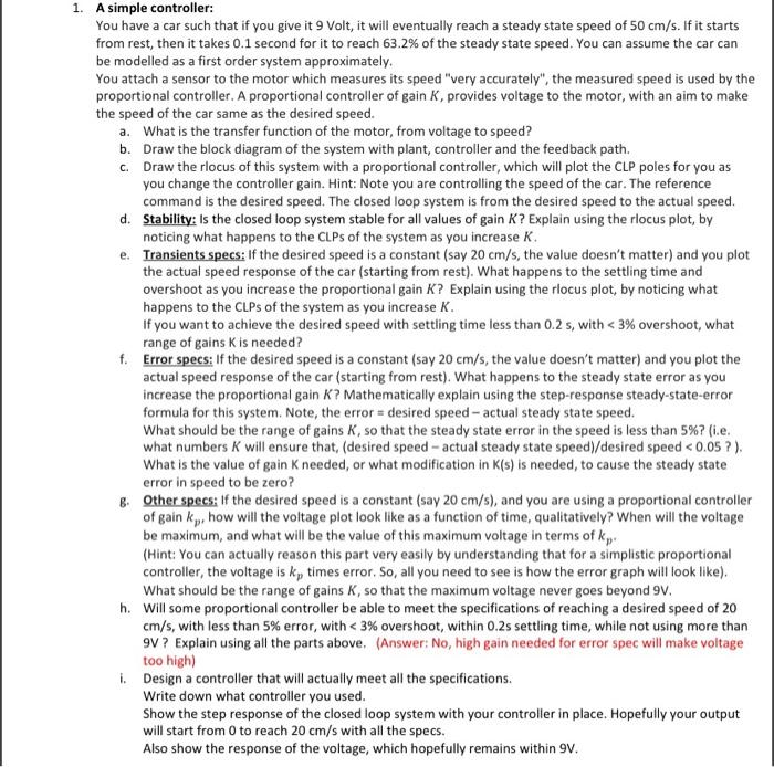 Solved A simple controller: You have a car such that if you | Chegg.com