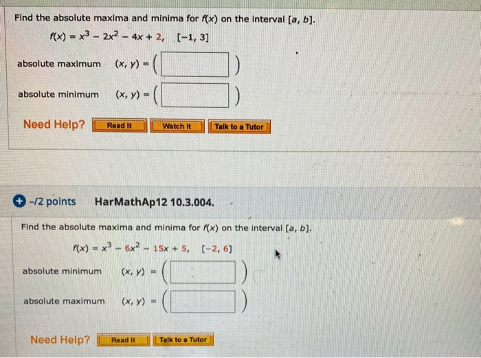 Solved Find the absolute maxima and minima for f(x) on the | Chegg.com