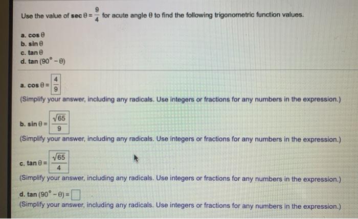 Solved Use the value of sec = for acute angle to find the | Chegg.com