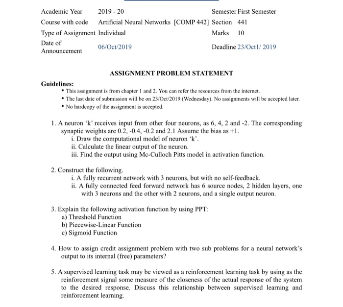 2019 20 Semester First Semester Academic Year Course | Chegg.com