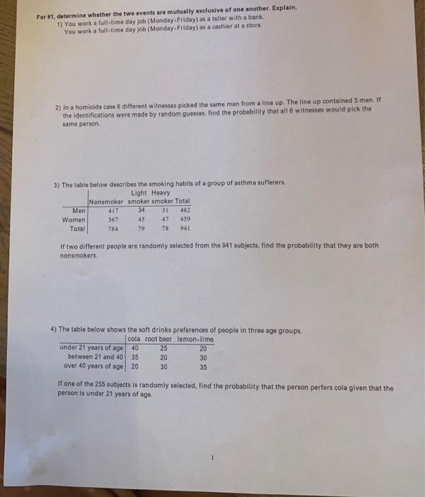 Solved For "1, determine whether the two events are mutually | Chegg.com