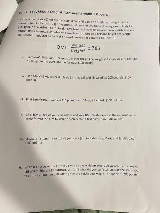 Solved part 9 - Body Mass Index (Risk Assessment): worth 800 | Chegg.com