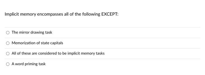 Solved Implicit memory encompasses all of the following | Chegg.com