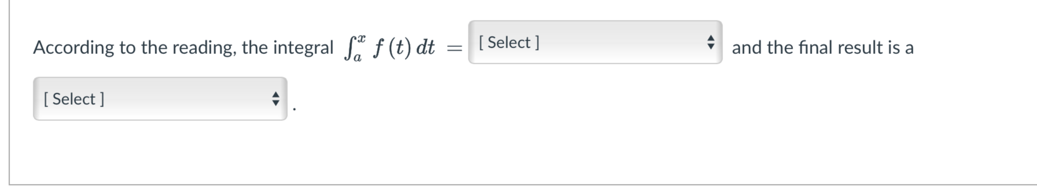 Solved According to the reading, the integral ∫axf(t)dt=and | Chegg.com