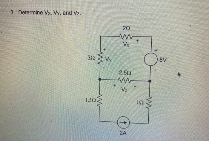Solved 3. Determine Vx, Vy, and Vz. 292 W VX + + 322 Vy 8V | Chegg.com