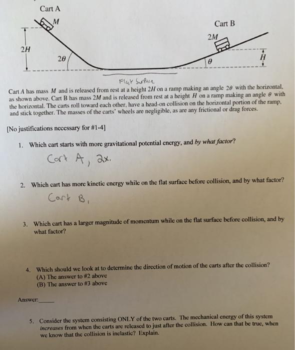 Solved Cart A M Cart B 2M 2H 20 H Flap Surface Cart A has | Chegg.com