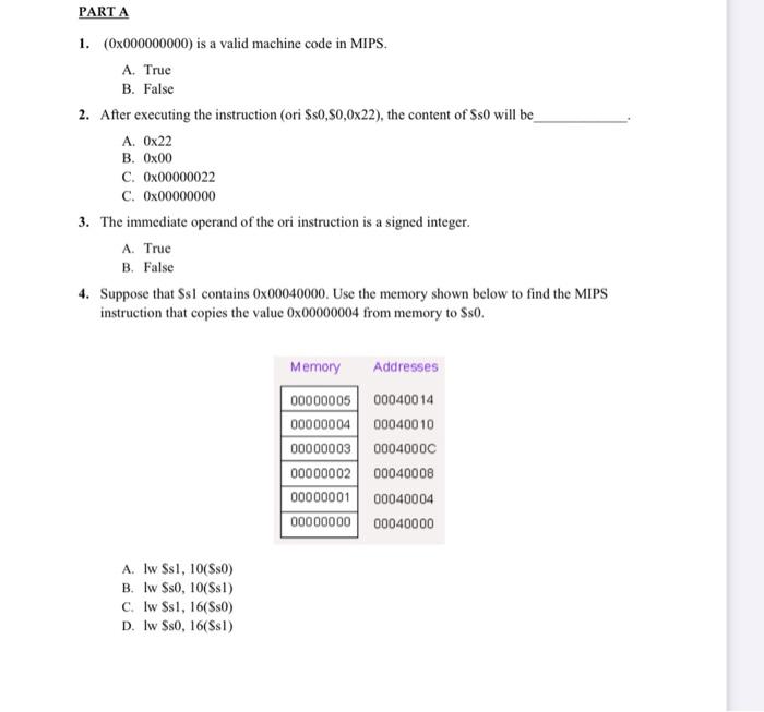 PART A 1. (0x000000000) is a valid machine code in | Chegg.com
