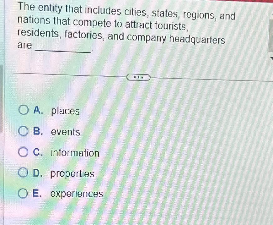 Solved The entity that includes cities, states, regions, and | Chegg.com