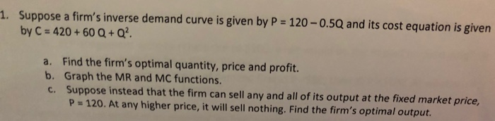 Solved 1. Suppose a firm's inverse demand curve is given by | Chegg.com