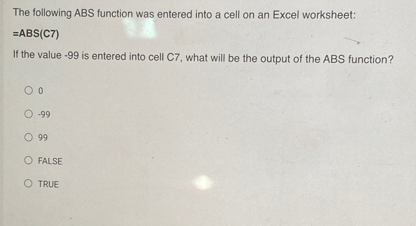 Solved The following ABS function was entered into a cell on | Chegg.com