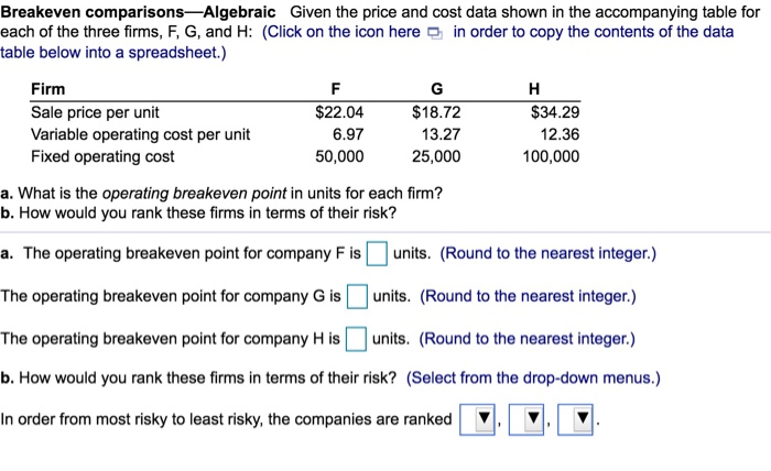 Solved Breakeven comparisons-Algebraic Given the price and | Chegg.com